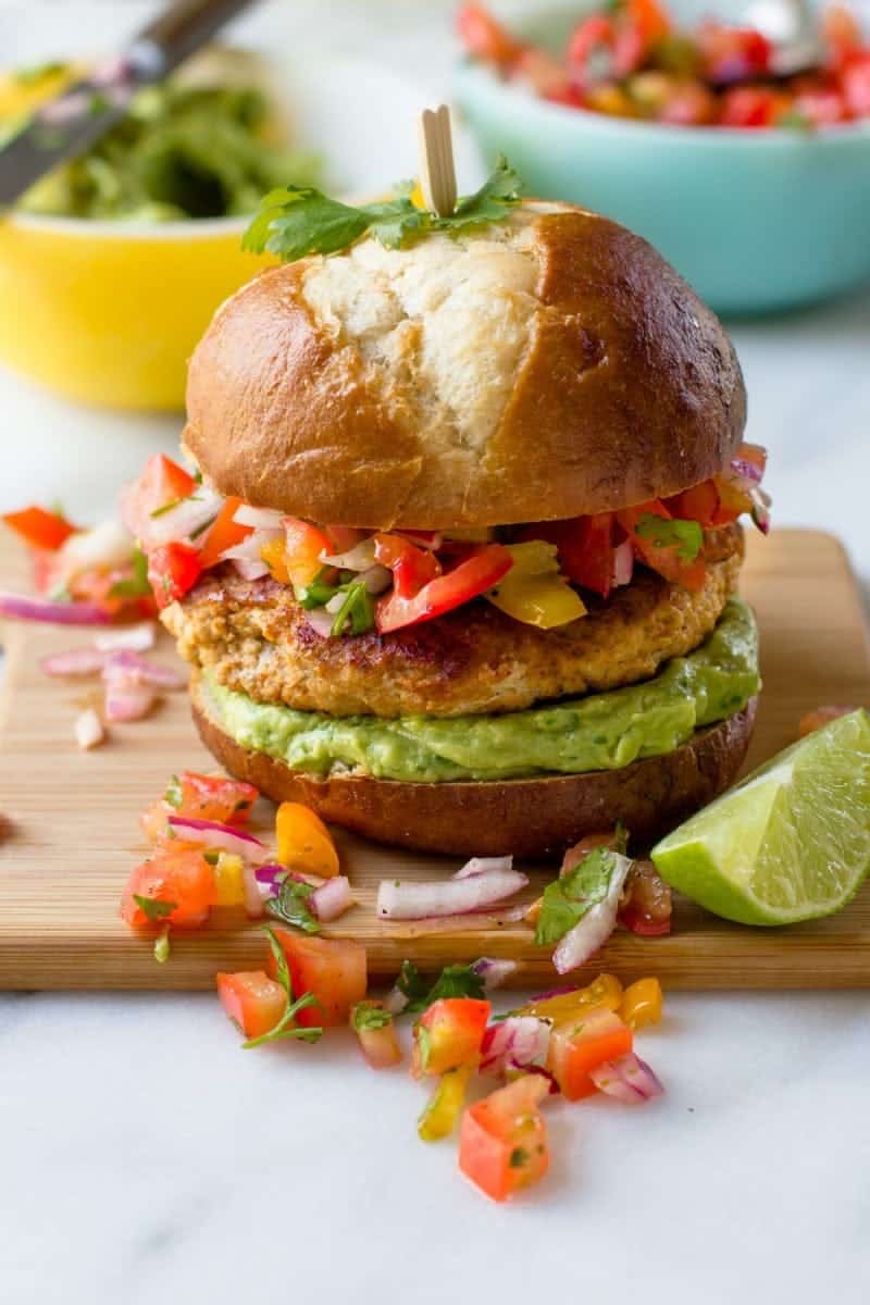 Salsa Chicken Burgers with Cilantro-Avocado Sauce | Wholefully